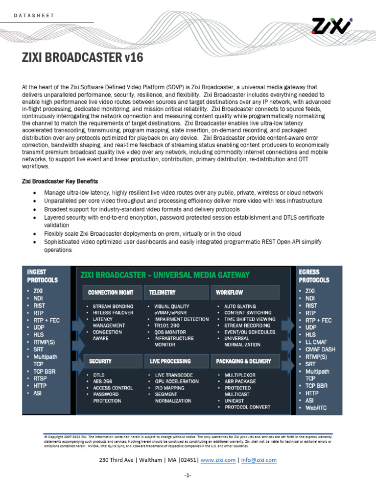Zixi V16 Broadcaster Datasheet June 2022 | PDF | Computer Network | Streaming Media