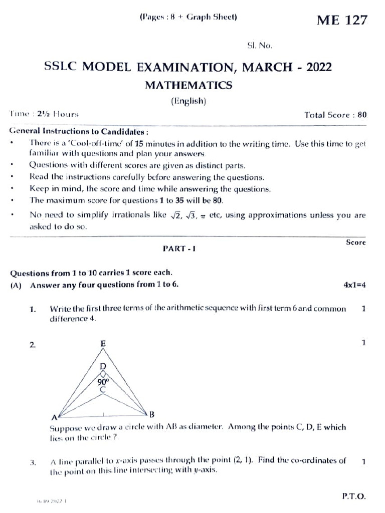 SSLC 2022 Maths Model Question Paper | PDF | Area | Circle