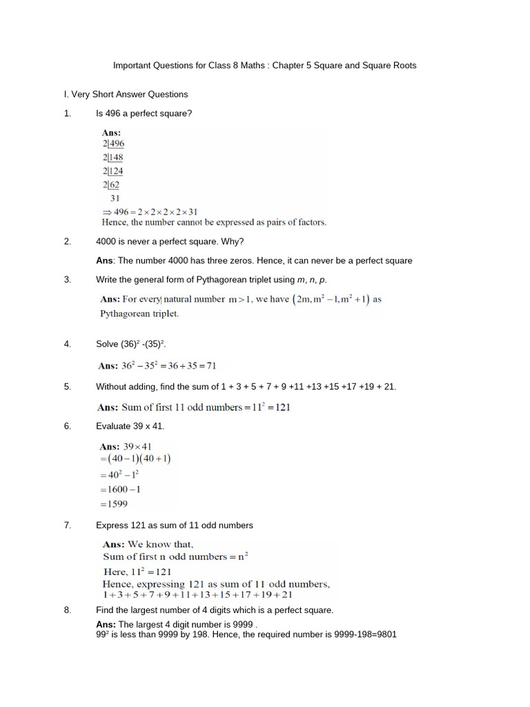 Class 8 Square Roots Worksheet | PDF