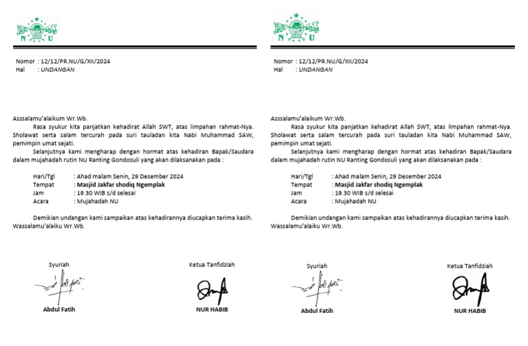 Undangan Mujahadah NU Gondosuli | PDF