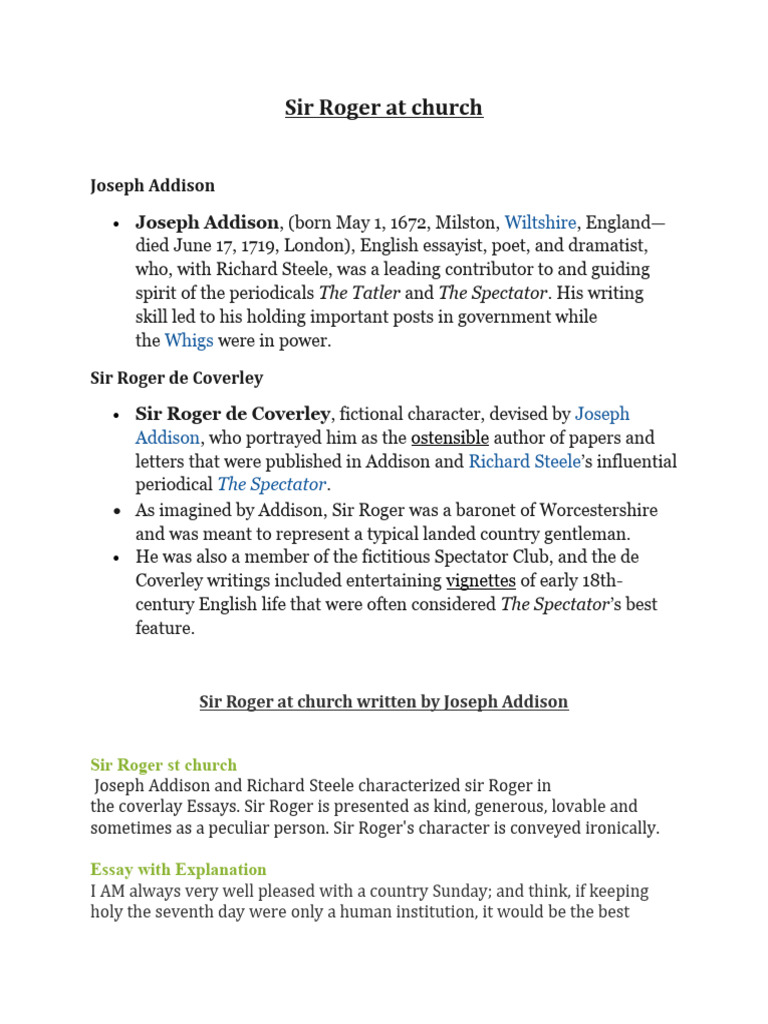 Sir Roger's Church Influence | PDF | Essays | Prayer