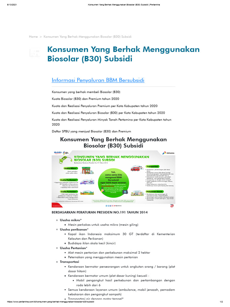 Konsumen Yang Berhak Menggunakan Biosolar (B30) Subsidi - Pertamina | PDF