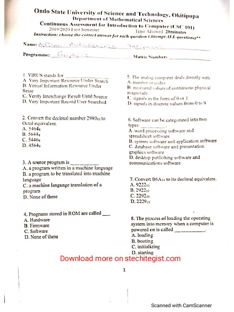 2019-2020 CSC 101 Exams - Via | PDF