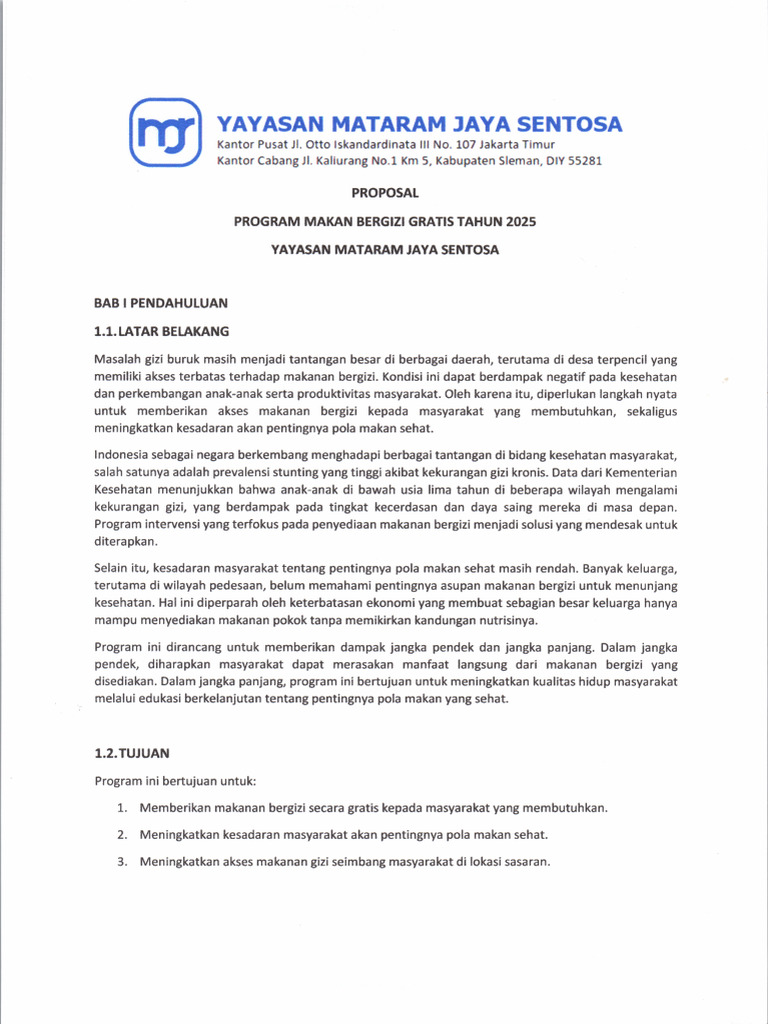 Proposal MBG Yayasan Mataram Jaya Sentosa SPG Ngemplak | PDF