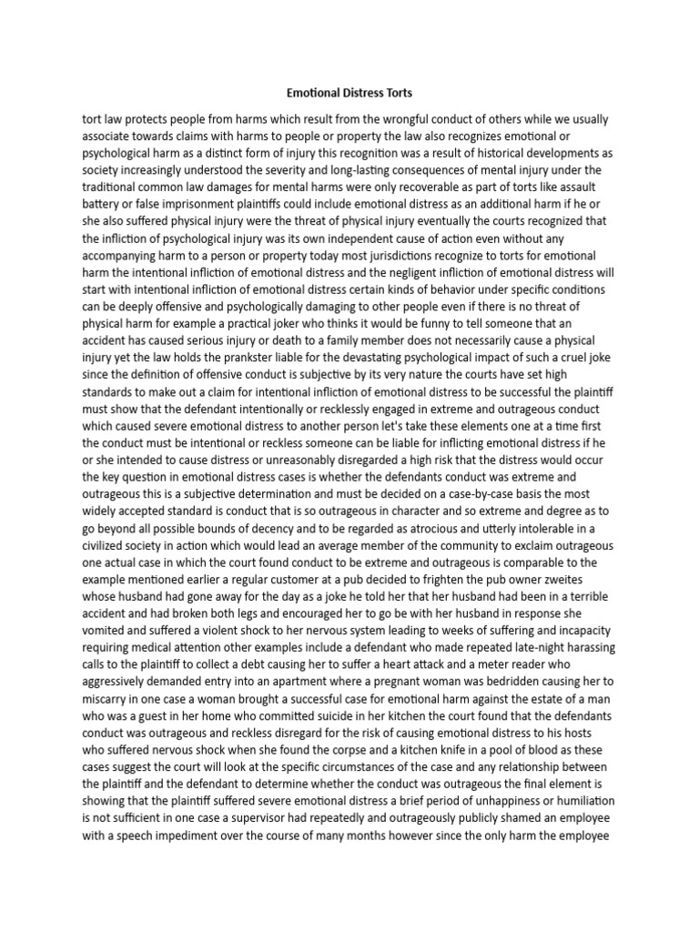 Emotional Distress Torts | PDF | Intentional Infliction Of Emotional ...