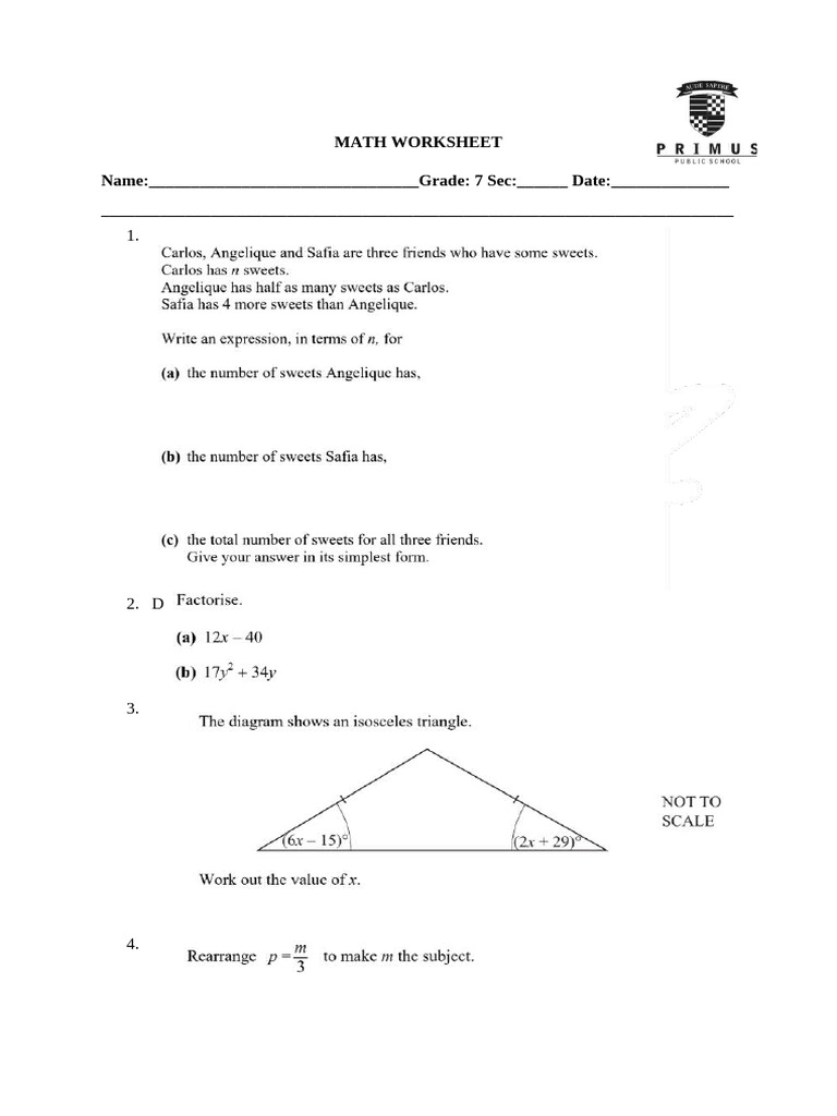Revision Worksheet - Expressions, Formulae and Equations | PDF
