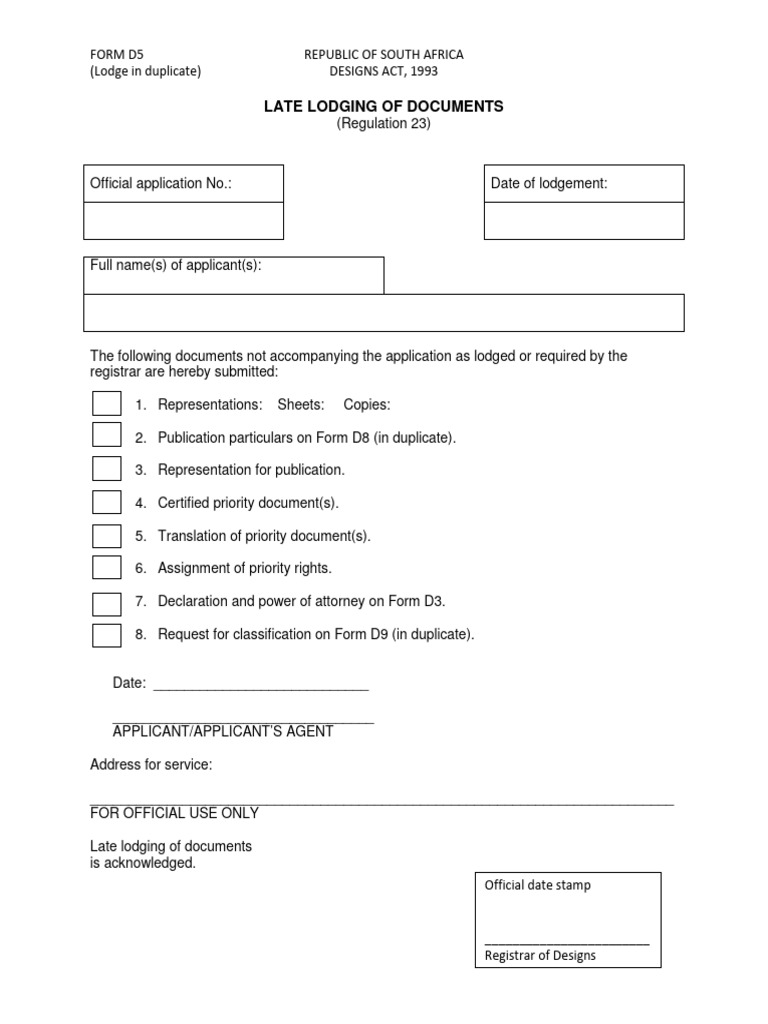 Late Lodging of Documents: Form D5 Republic of South Africa (Lodge in ...