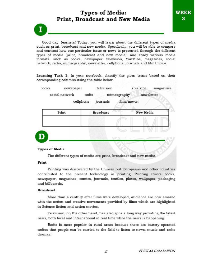 WEEK 3-TYPES OF MEDIA-PRINT, BROADCAST & NEW MEDIA | PDF | Mass Media ...