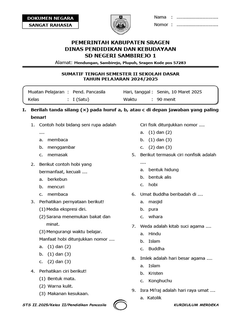 SOAL PENDIDIKAN PANCASILA KELAS 2 - ASTS 2 | PDF