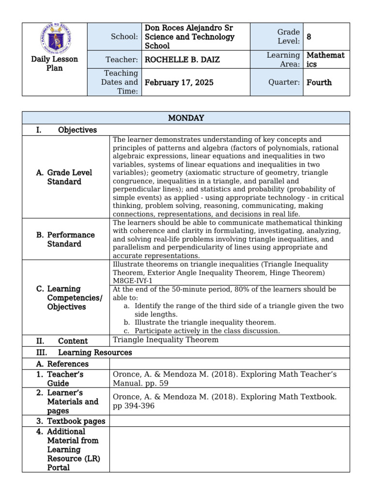 Grade 8 Triangle Inequality Lesson Plan | PDF | Equations | Geometry