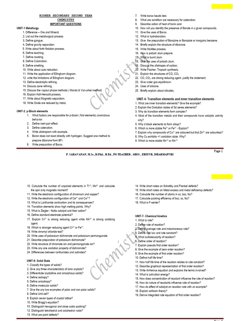 12 Chemistry Unit Wise Imp Q | PDF | Chemical Reactions | Metals