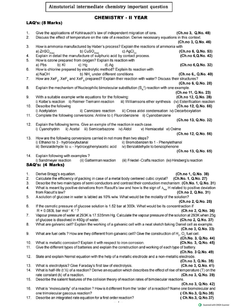 2nd Year Chemistry Important Questions | PDF