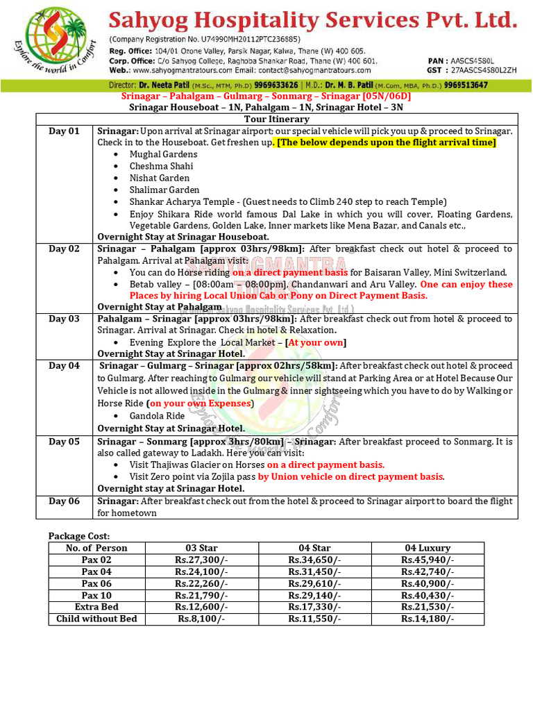 5N 6D Kashmir PKG 2025 | PDF | Hotel | Hospitality Industry