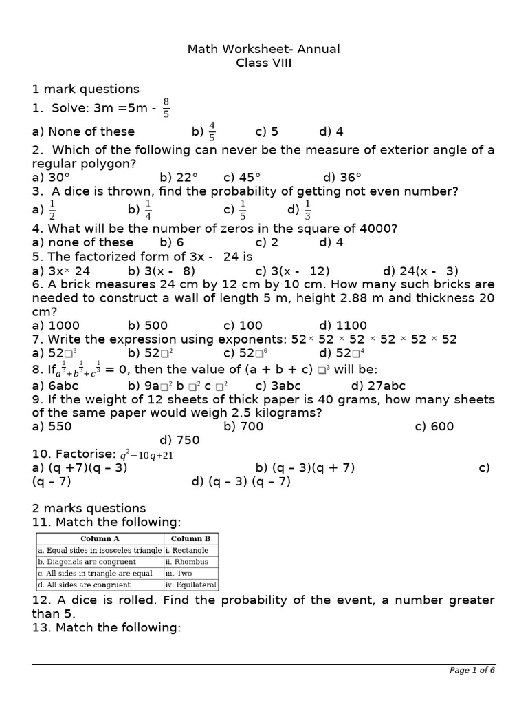 Math Annual Worksheet Class 8 | PDF
