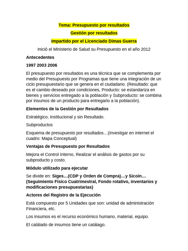 Presupuesto Por Resultados y Gestiones Del MSPAS | PDF