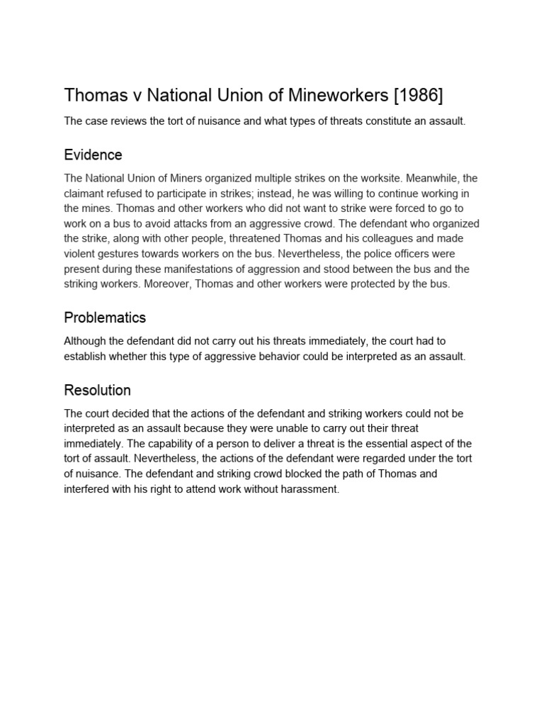 Thomas v NUM: Nuisance and Assault Analysis | PDF