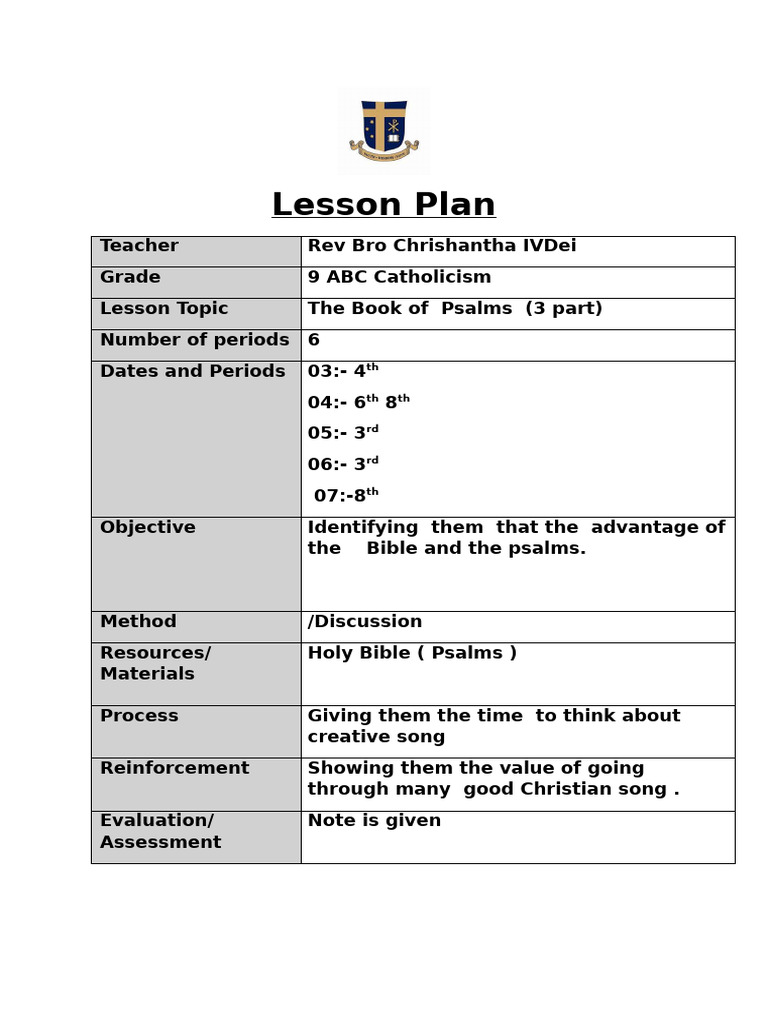 Psalms Lesson Plan for Grade 9 | PDF