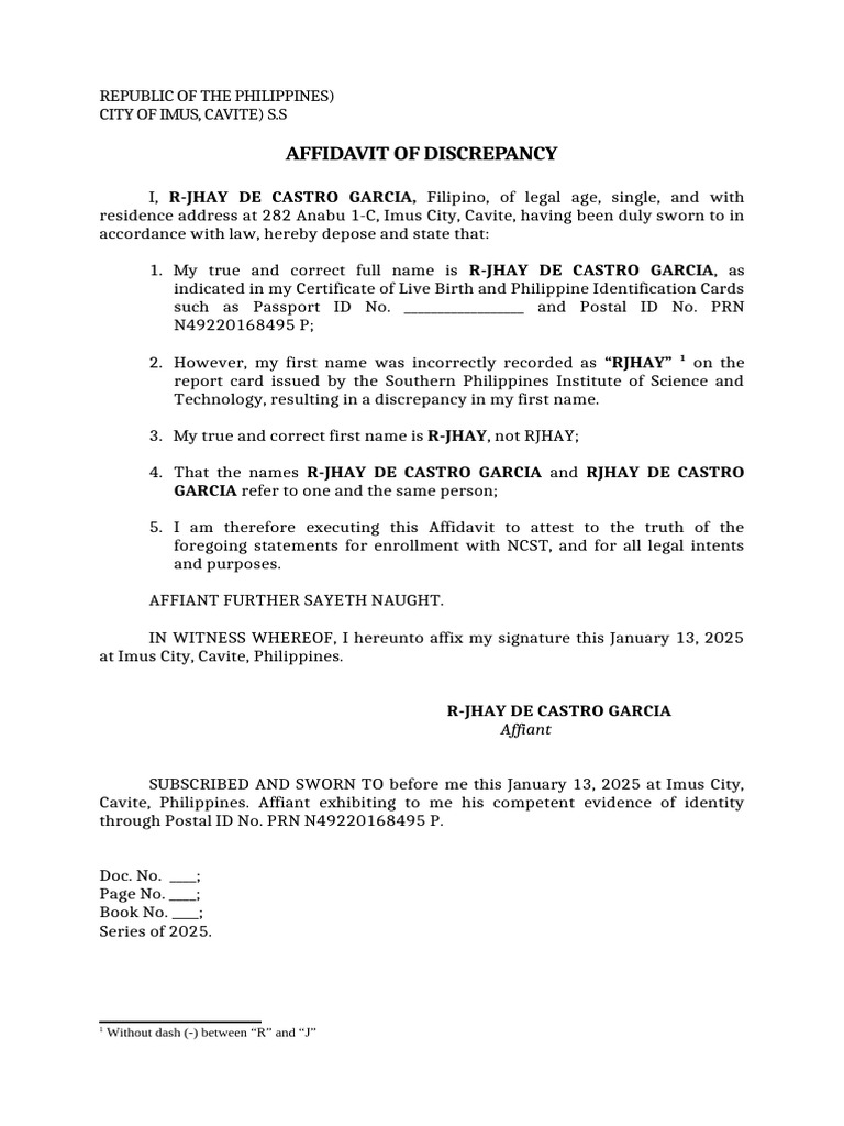Affidavit of Discrepancy_spelling Error First Name_r-jhay | PDF