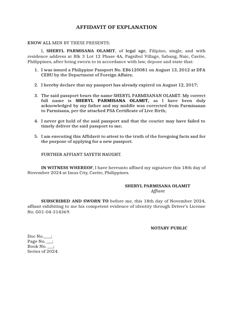 Affidavit of Explanation for Passport Renewal | PDF