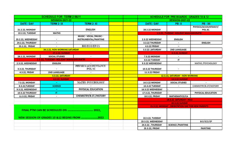 TERM 2 DATESHEET 2021-22 .XLSX - TERM 2 (9 - 11) AMENDED &PB-10&12 | PDF