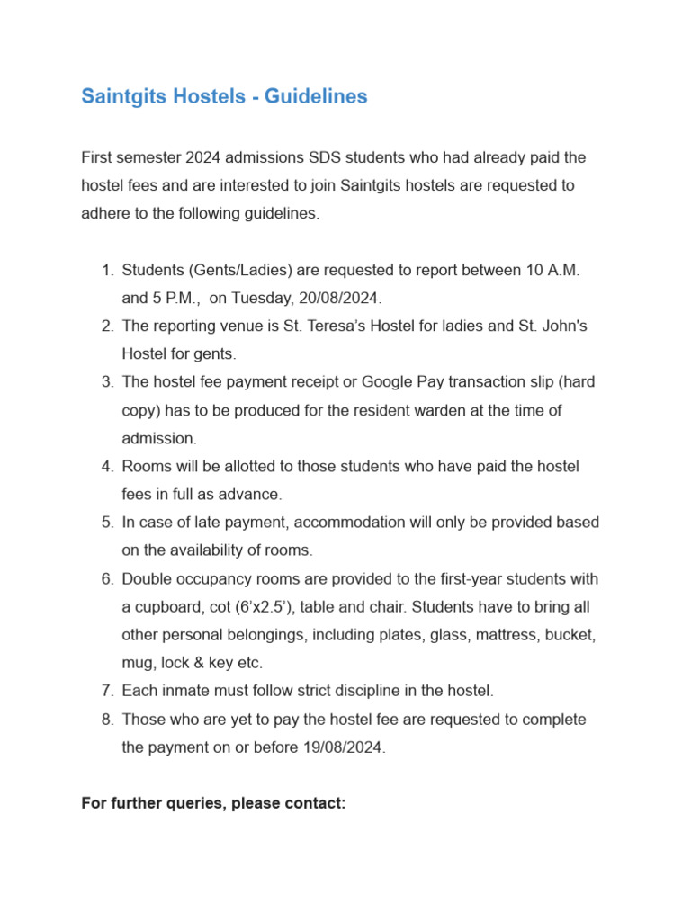 Saintgits Hostels - Guidelines | PDF
