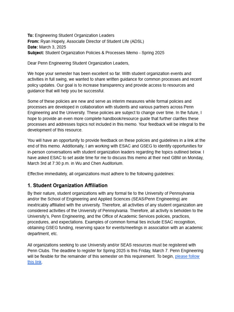 Spring 2025 Student Org Policies Memo | PDF | Fundraising | Charitable ...
