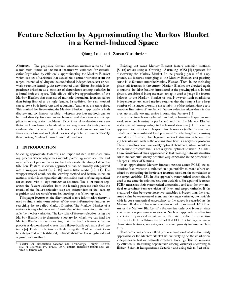 Feature Selection by Approximating The Markov Blanket | PDF | Machine Learning | Algorithms