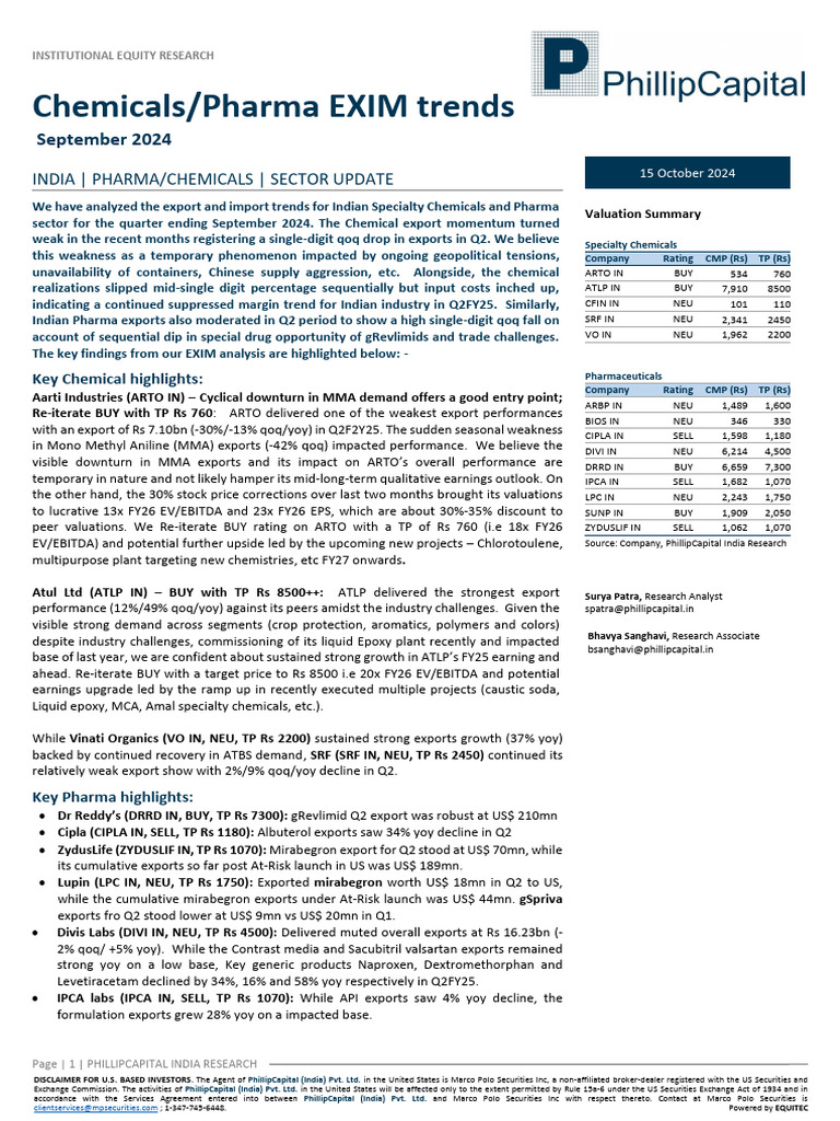 PC - Pharma and Chemicals EXIM Monthly Update - Oct 2024 20241015082039 | PDF