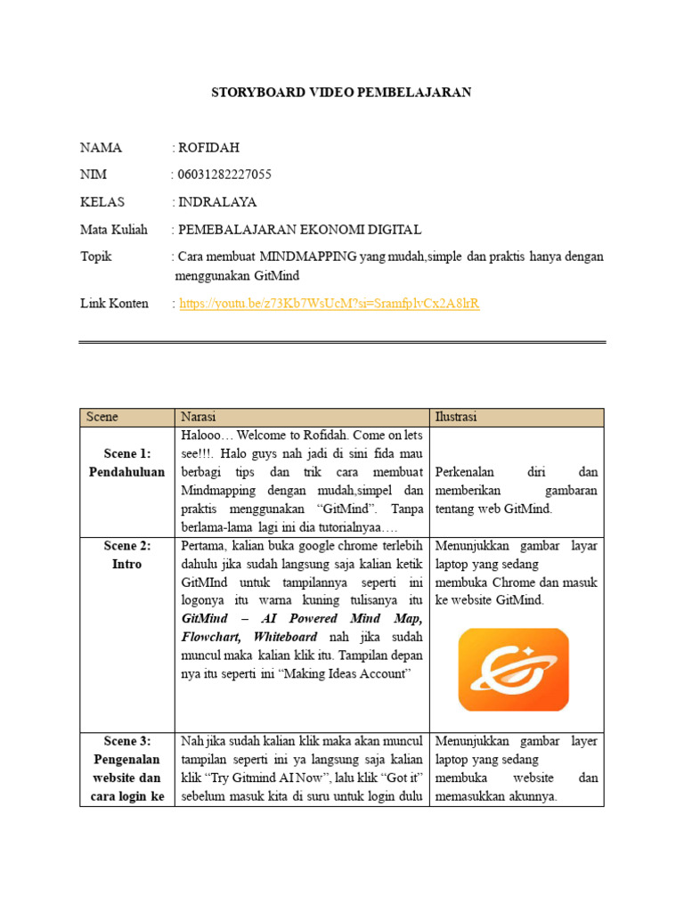 Rofidah - Storyboard Video Pembelajaran - Tutorial Gitmind | PDF