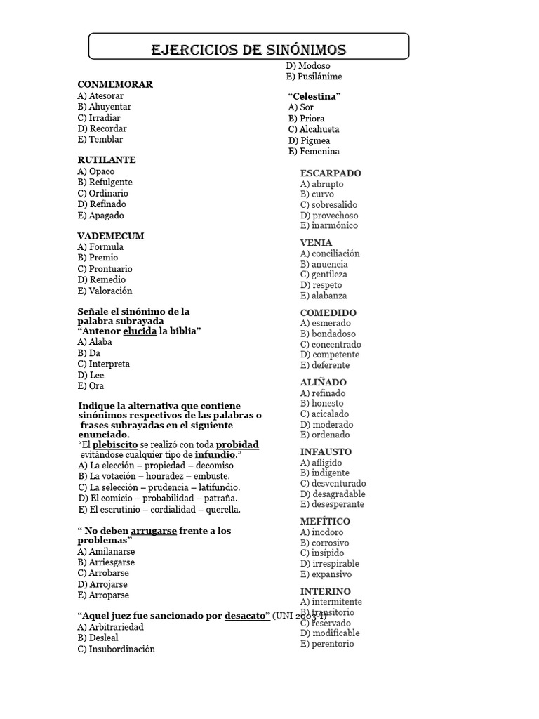 Ejercicios de Sinónimos y Vocabulario | PDF