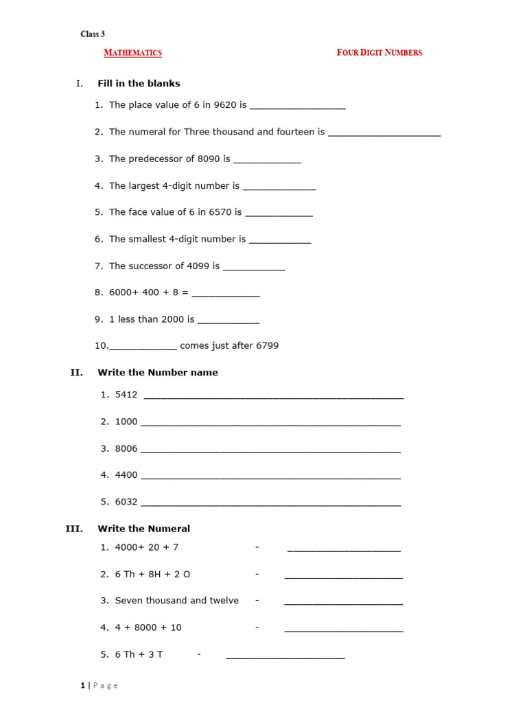 Maths-Term1-Revision-Four Digit Numbers | PDF | Mathematics | Arithmetic