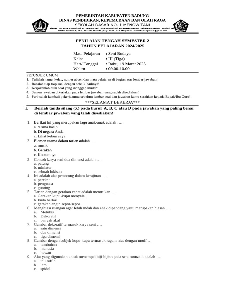 Soal Sts Seni Rupa SMST 2 | PDF