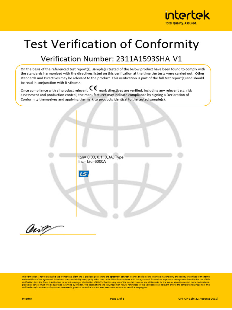 Intertek RCCB Test Verification 2311A1593 | PDF