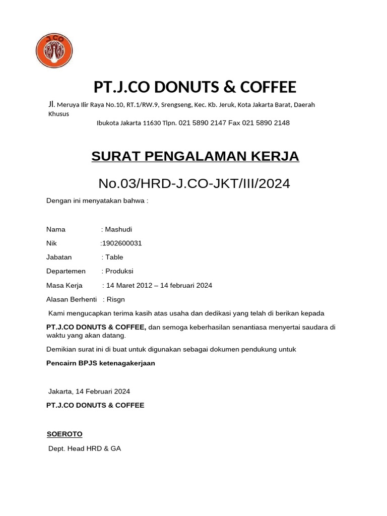 Pt.J.Co Donuts & Coffee: Surat Pengalaman Kerja | PDF