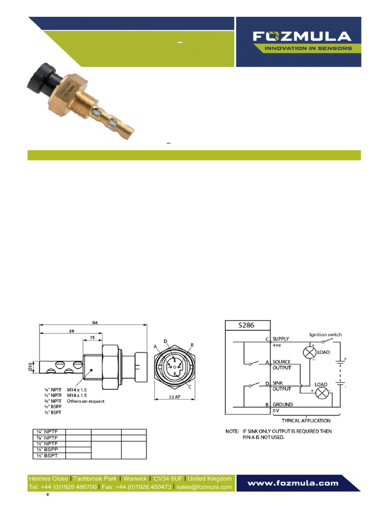Fozmula S286 Oil Level Switch Specs | PDF | Switch | Electrical Connector