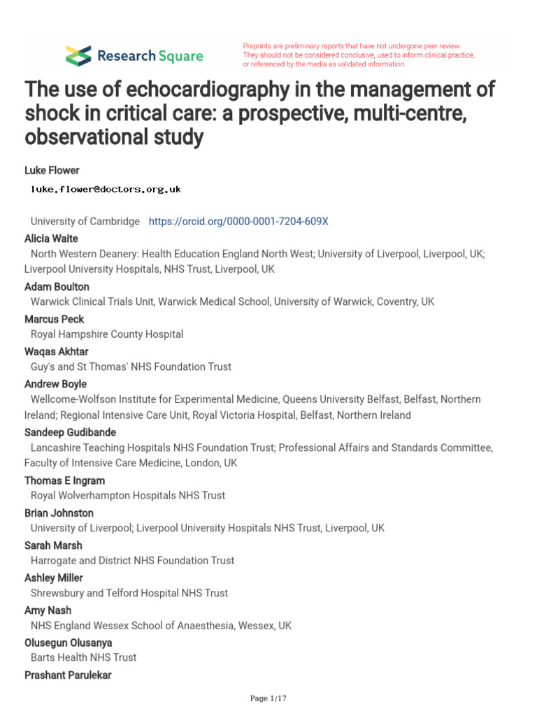 The Use of Echocardiography in The Management of Shock in Critical Care: A Prospective, Multi ...