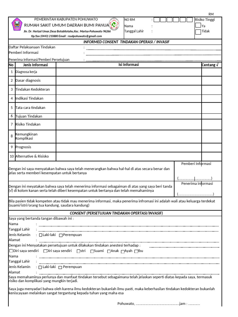 Form Informend Consent Tindakan Operasi-Invasif LAM-KPRS | PDF