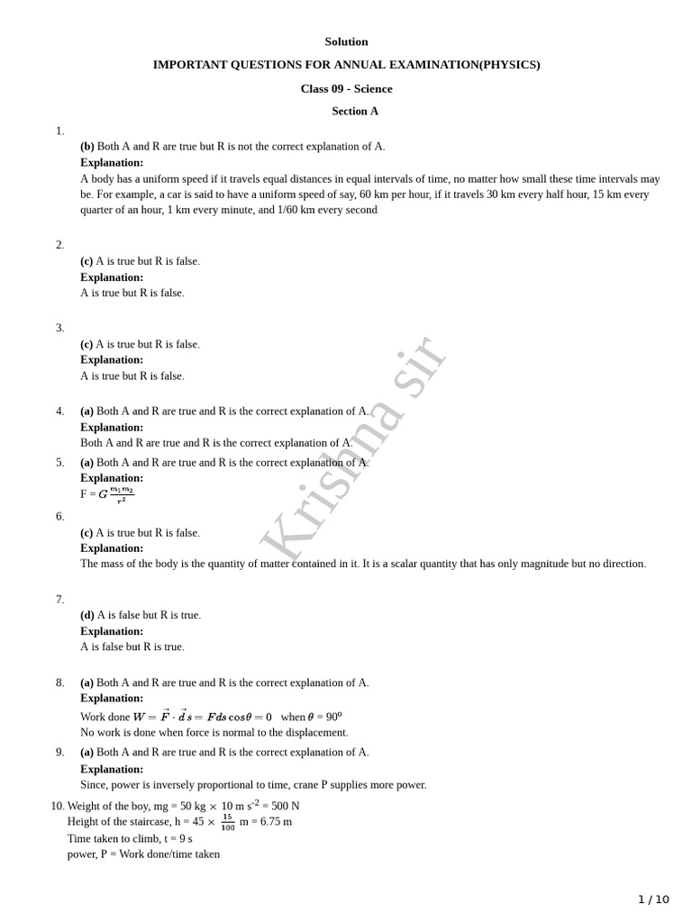 Physics Important Questions Solution | PDF | Force | Buoyancy
