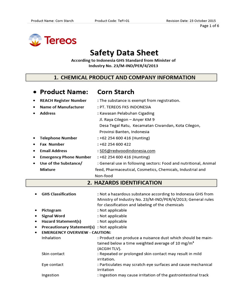 MSDS_CORNSTARCH- Masterchef | PDF | Dangerous Goods | Occupational ...