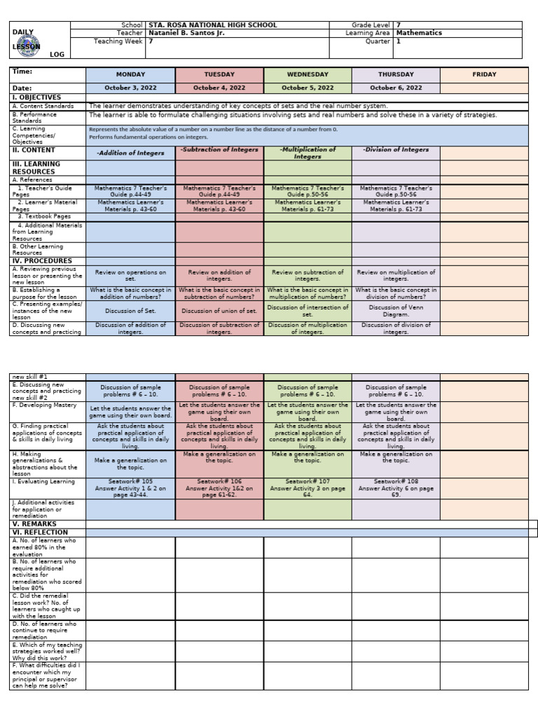 JHS Daily Lesson Log SY 2022 2023 Math7 Week7 | PDF | Learning ...