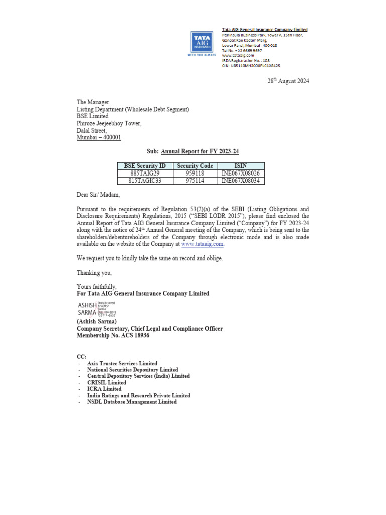 Intimation For Submission of Annual Report For FY 2023 24 A548eca5db ...