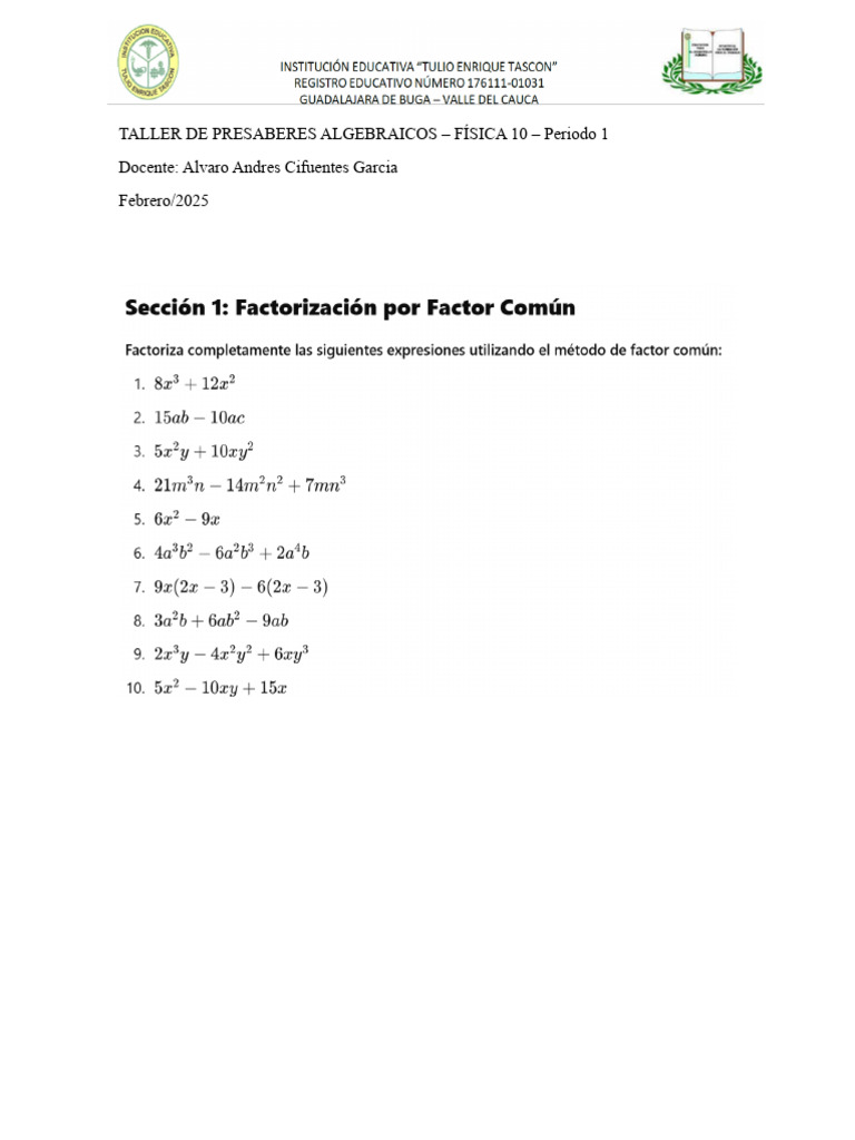 FIS 10 - P1 - Taller 1 - PRESABERES ALGEBRAICOS | PDF
