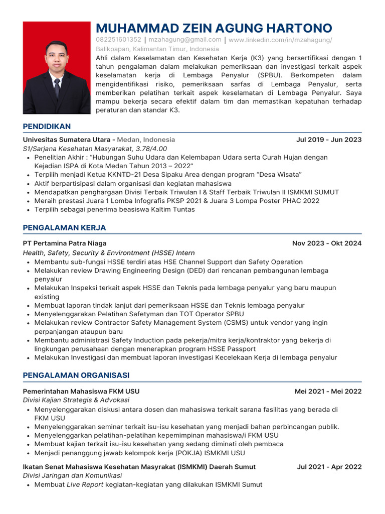 Muhammad Zein Agung Hartono HSE Officer Resume | PDF