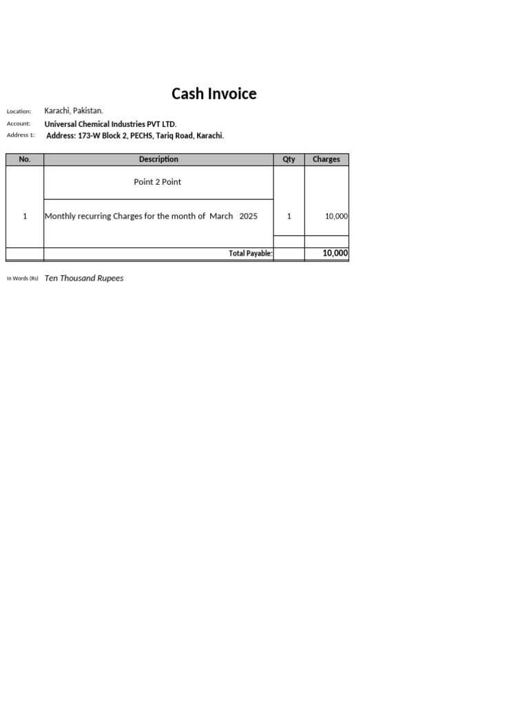 Cash Invoice-Universal chemical Tariq road(March 2025) | PDF