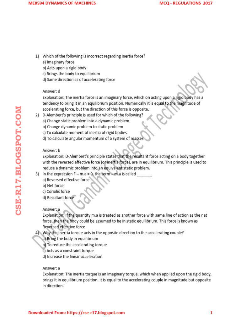 Dynamics of Machines Solved Mcqs | PDF | Force | Torque