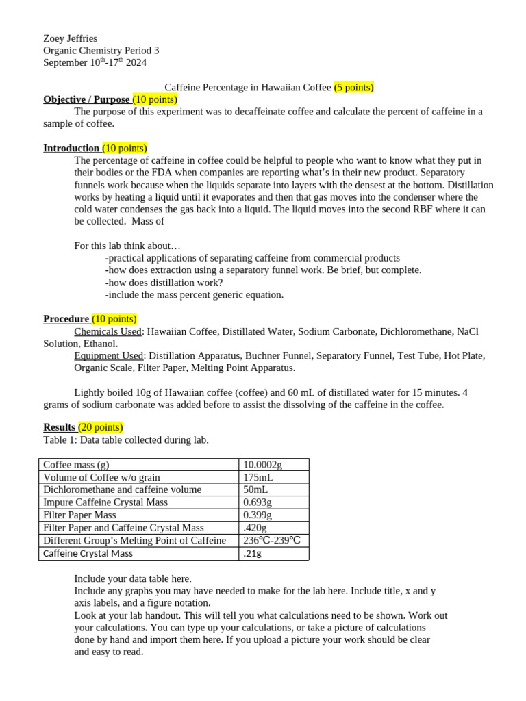Caffeine Extraction from Hawaiian Coffee | PDF | Distillation | Water