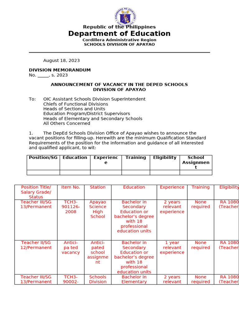 DepEd Apayao Job Vacancies Announcement | PDF | Teachers