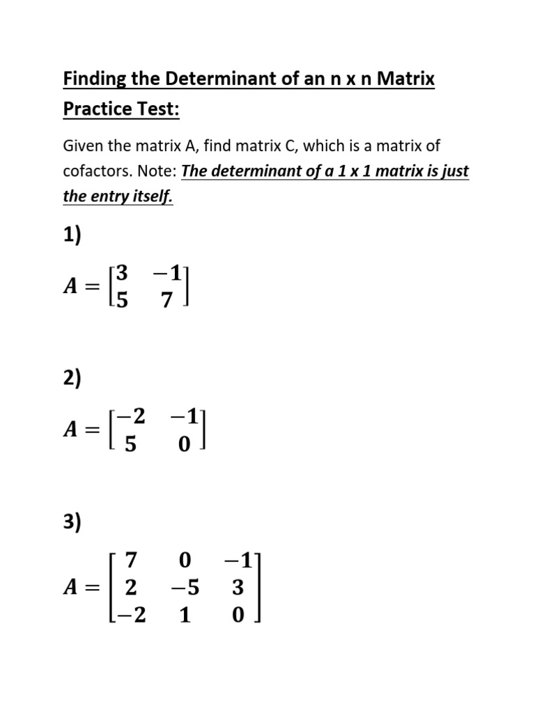 Finding The Determinant of An N X N Matrix Practice Test PDF | PDF