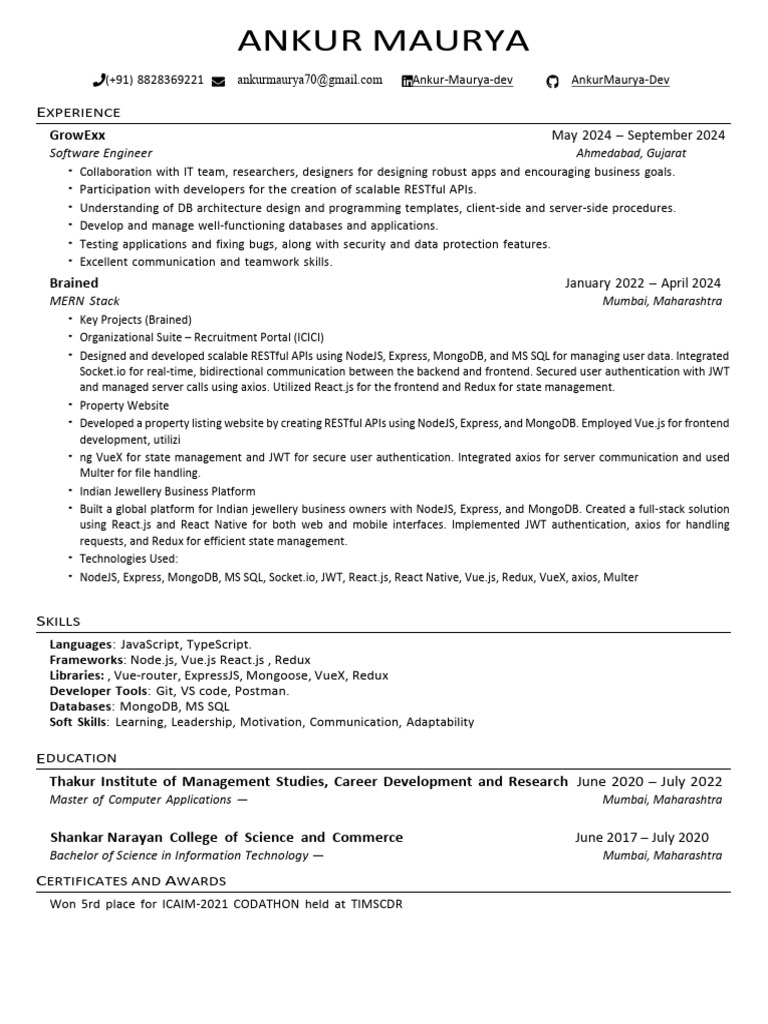 ANKUR MAURYA Resume | PDF | Microsoft Sql Server | Computing