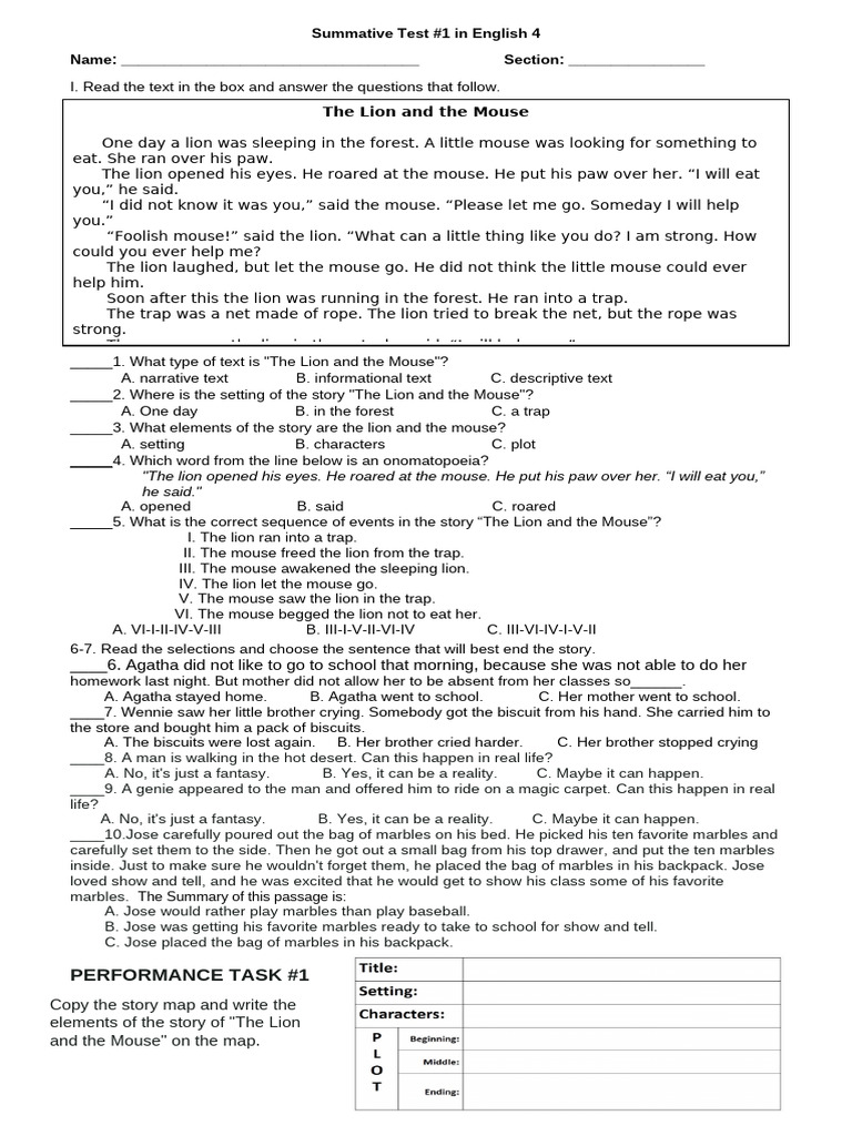 Summative Test 1 Quarter 1 Grade 4 | PDF